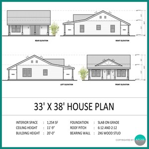 33'x38' House Plans 2bed 1bath House W/porch Floor Plans House Design ...