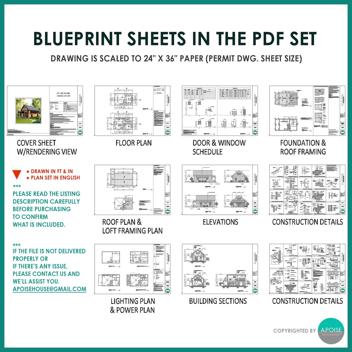 21'x32' House Plans - Cabin Plan Blueprint, Small House Floor Plan (PDF ...