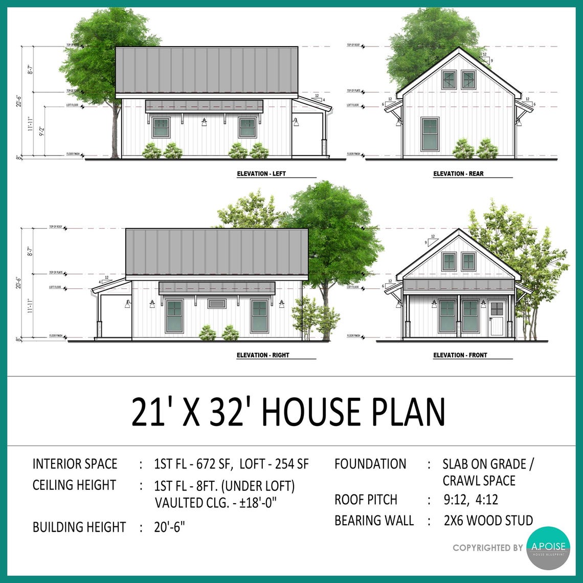 21'x32' House Plans - Loft Cabin Plan Blueprint, Small House Floor Plan ...
