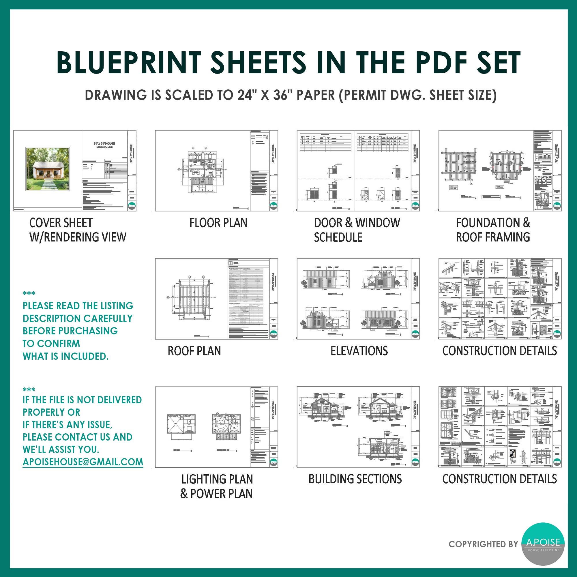 31'x21' Tiny House Plans 1bedroom Cabin W/porch Crawl Space Foundation ...