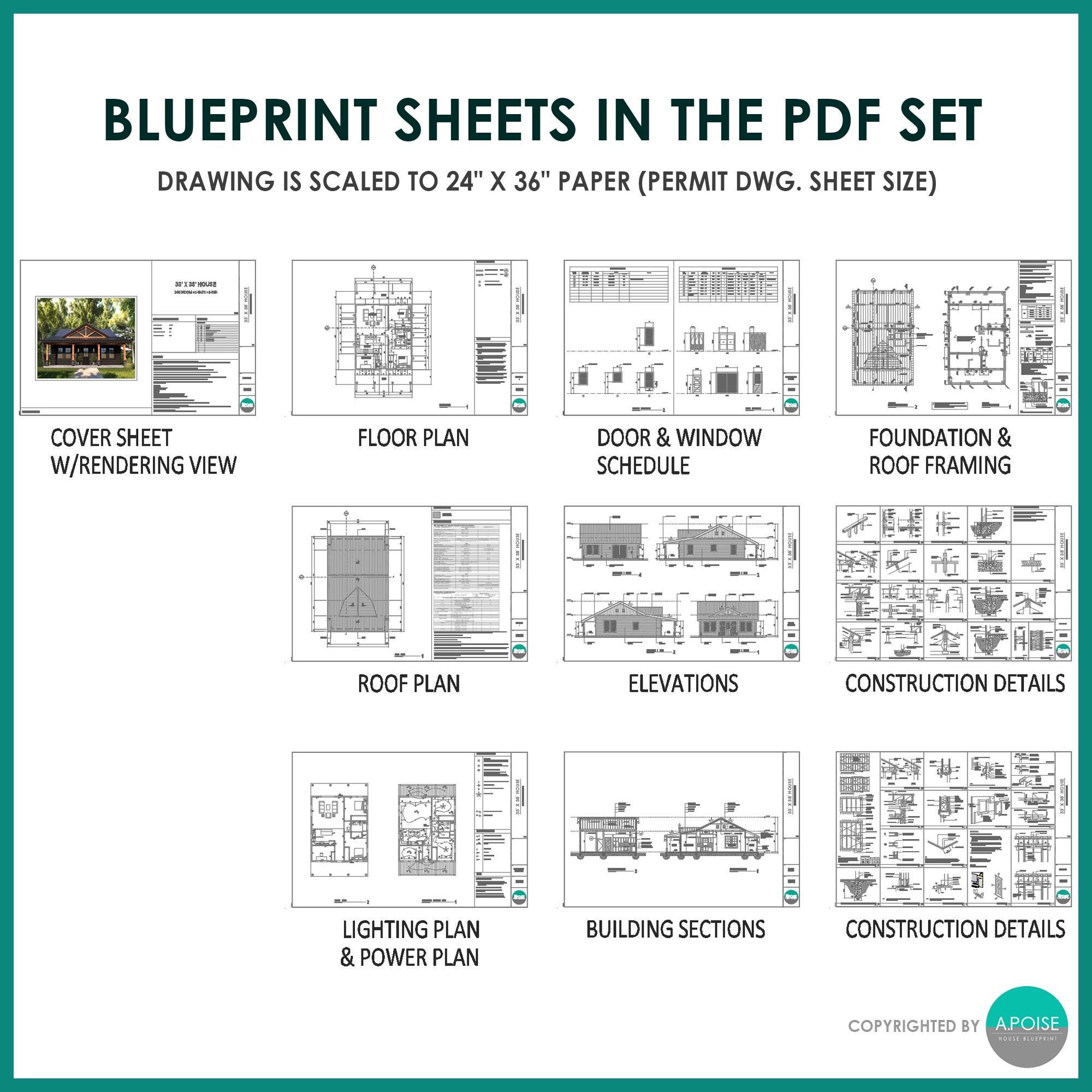 33'x38' House Plans 2bed 1bath House W/porch Floor Plans Architectural ...
