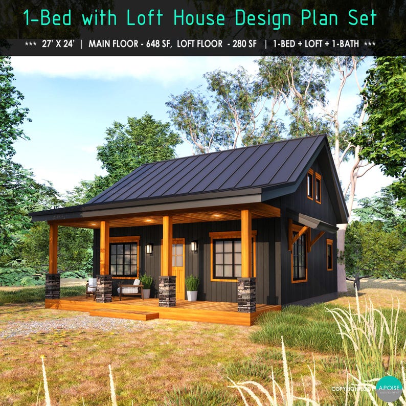 Cabin Plan With Loft: 27'x24', 928 SF Small House Blueprint, Modern ...