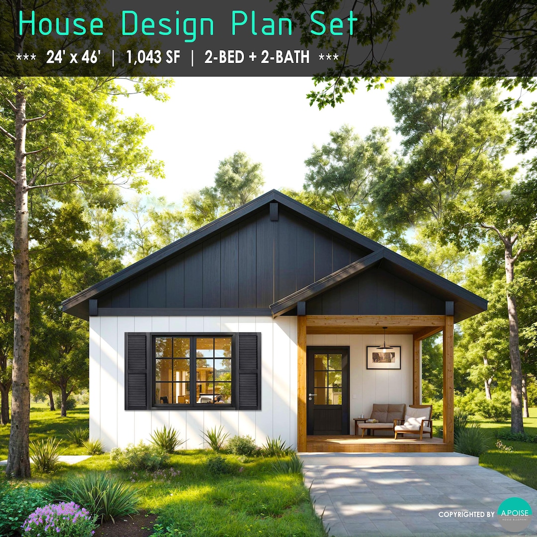 2bed 2bath Small Modern House 24'X46' - Cabin House Plans - 1,043SF ...