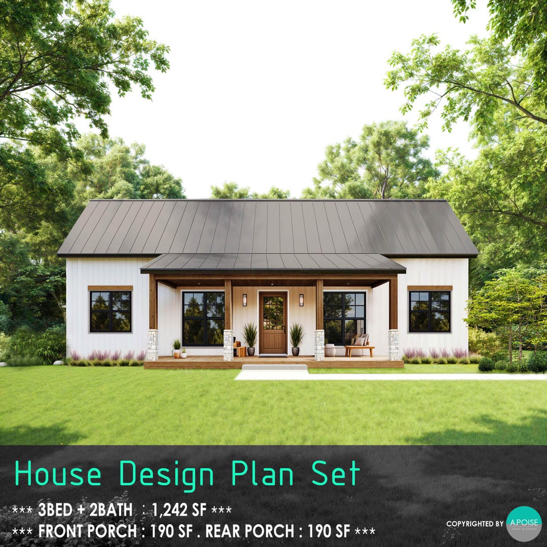 46'x27' Farmhouse Plans 3bed 2bath House Blueprint W/porch House Design ...