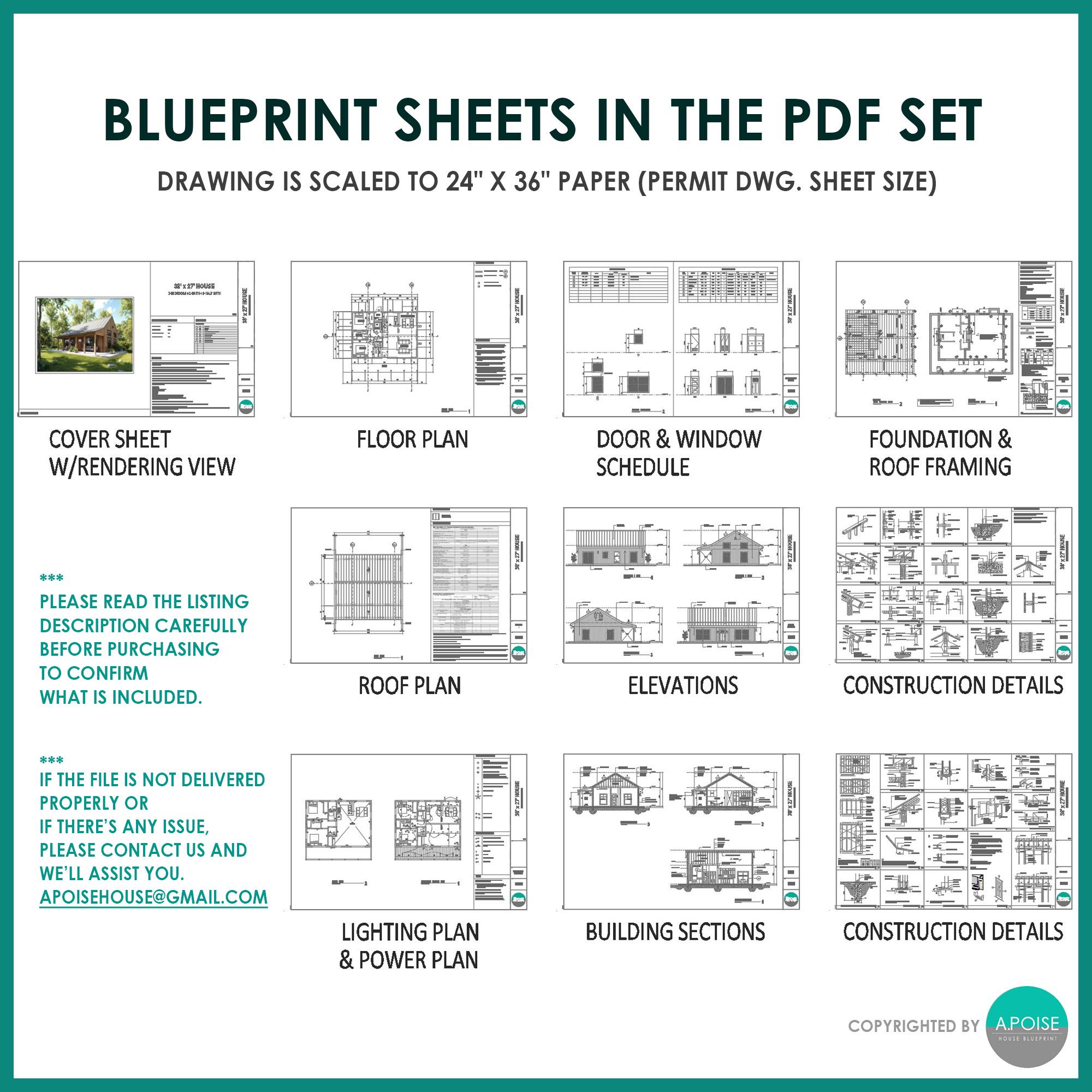38'x27' Small House Plans Blueprint 2 Bedroom Cabin Plans PDF House ...