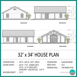 Cabin House Plans W/loft 32'x34' House Design Plan Set - Custom Home 1 ...