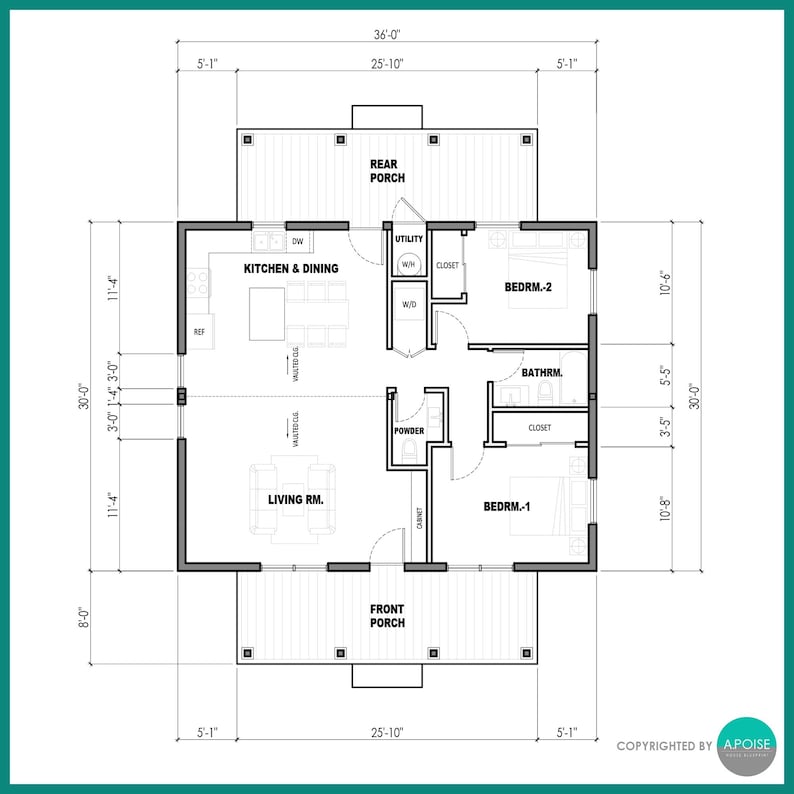 1,080SF 36'x30' House Plans 2bed 1.5bath Floor Plan - Small House ...