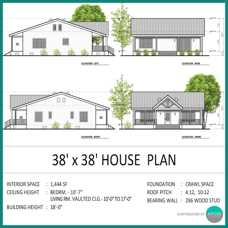 3bed 2bath House: 38'x38' Modern Farmhouse - Small Cottage Home ...