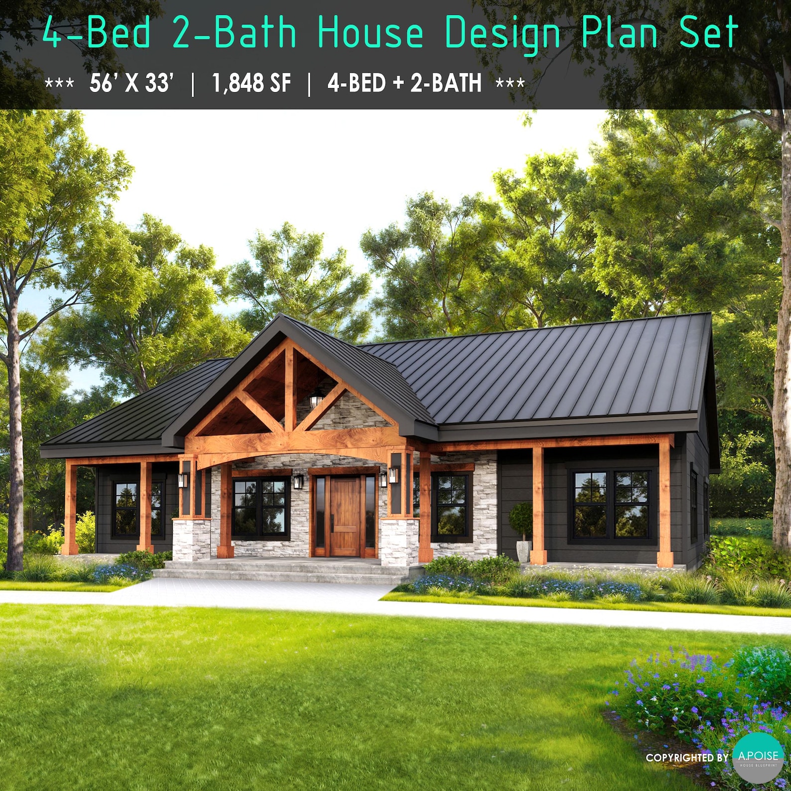 4bed 2bath House Plans 56'x33' Floor Plan - Modern Farmhouse 1,848SF ...