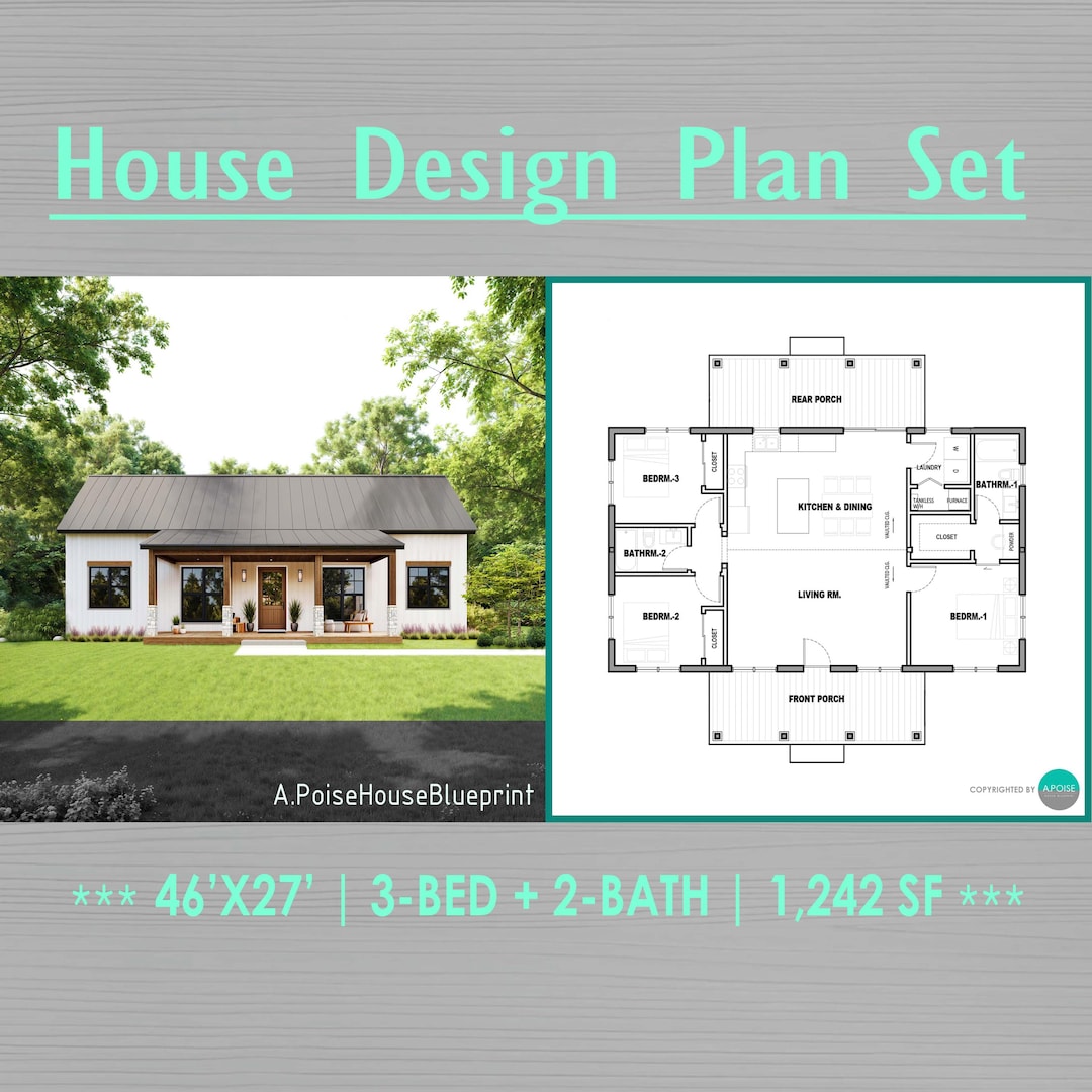 Small Farmhouse Plans: 3 Bed, 2 Bath House Blueprint (PDF Download) - Etsy
