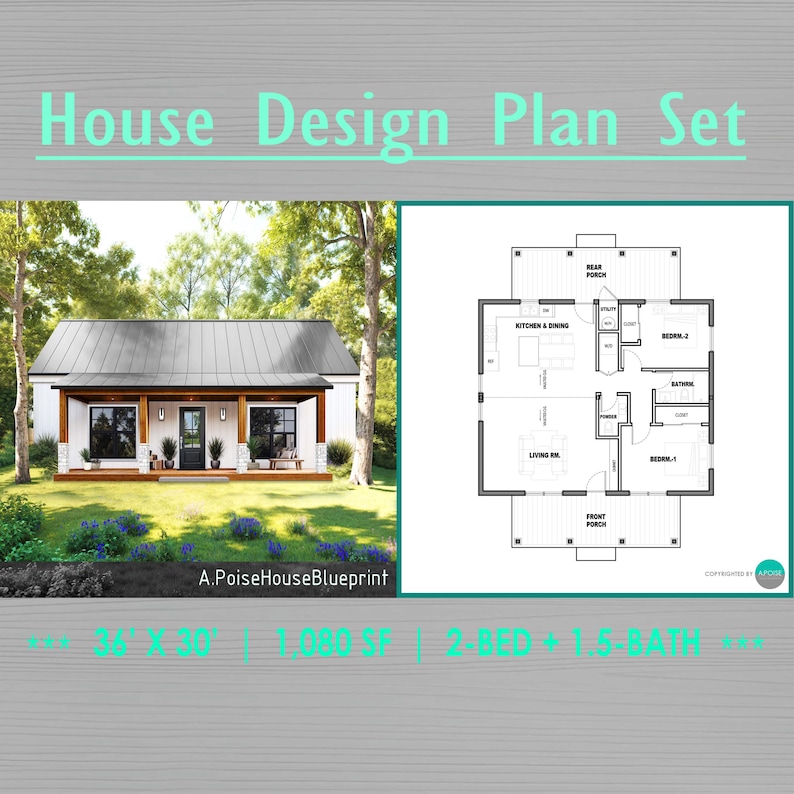 1,080SF 36'x30' House Plans 2bed 1.5bath Floor Plan - Small House ...