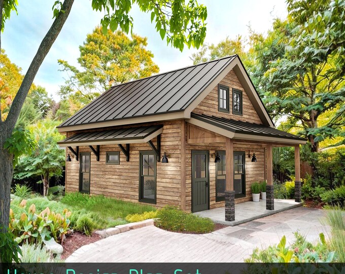 21'x32' House Plans - Loft Cabin Plan Blueprint, Small House Floor Plan ...