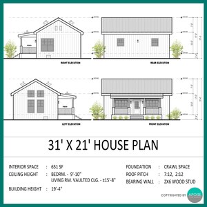 31'x21' Tiny House Plans 1bedroom Cabin W/porch Crawl Space Foundation House Design Plans ...