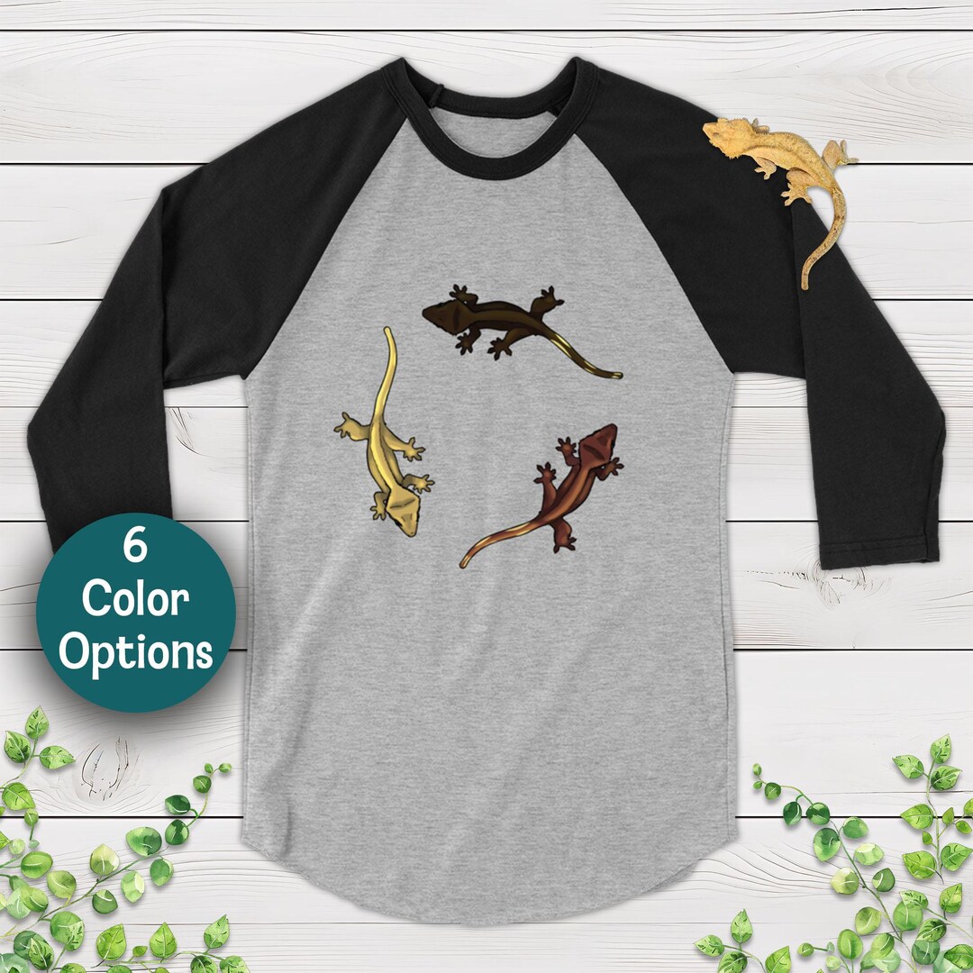 Three Crested Geckos - Hand-drawn Art, 3/4 Sleeve Unisex Raglan Tee ...