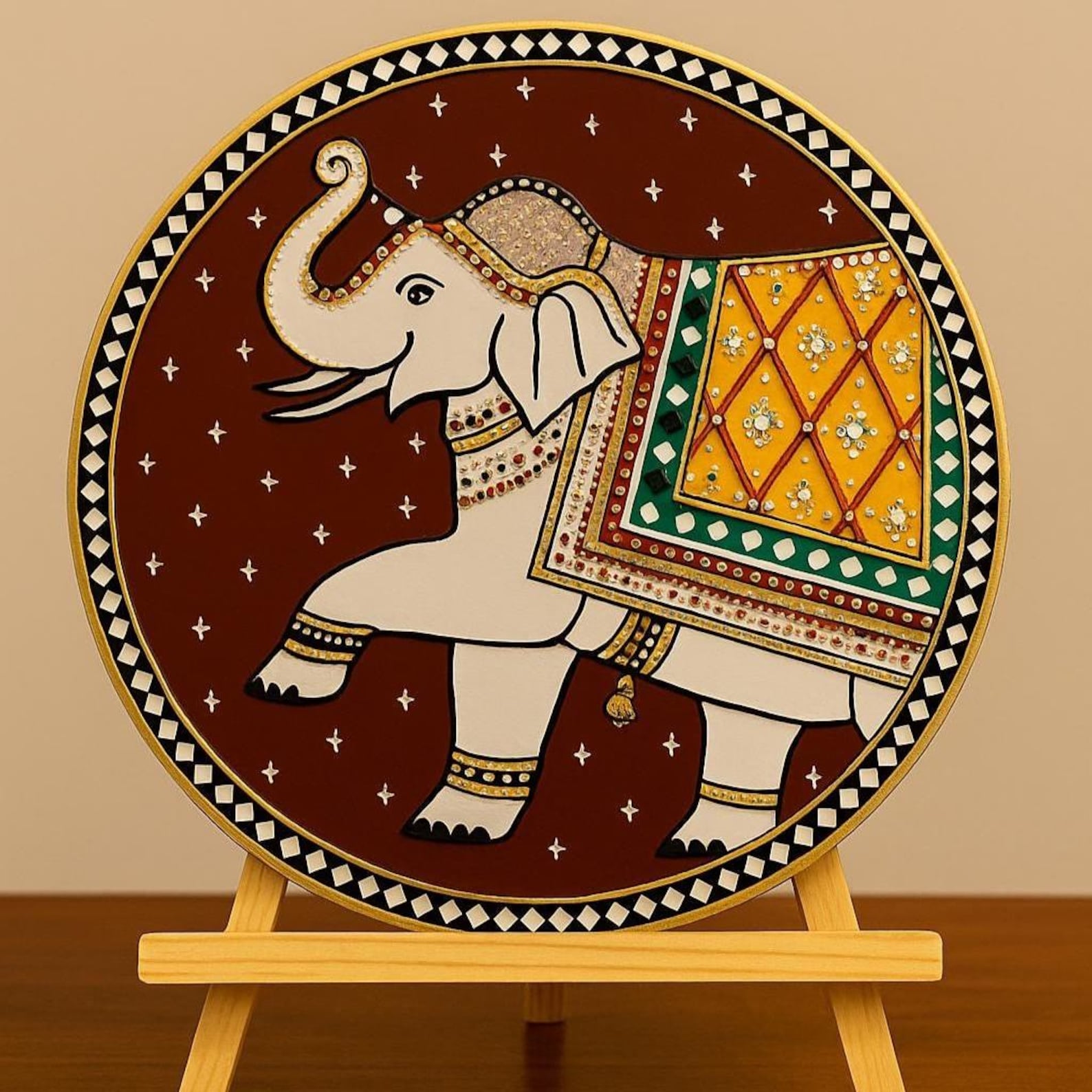 Handcrafted Elephant Lippan Art – Maroon & Multicolor Wall Decor With ...