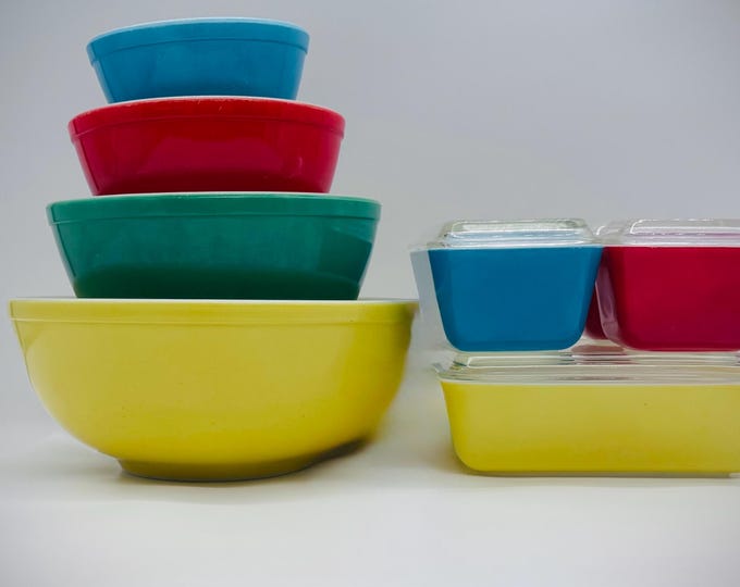 Vintage 1940's Pyrex Primary Color Bowls and Refrigerator Storage Set ...