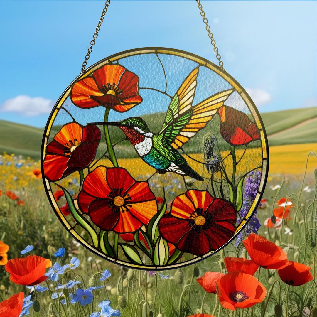 Hummingbird Poppy Flower Acrylic Suncatcher, Bird Window Hanging, Bird ...