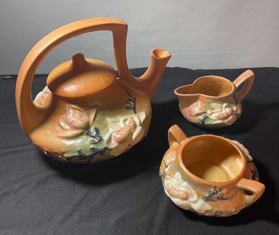 REAL Roseville Earth Tone Magnolia Tea Set W/ Vintage Tea Pot, Sugar ...