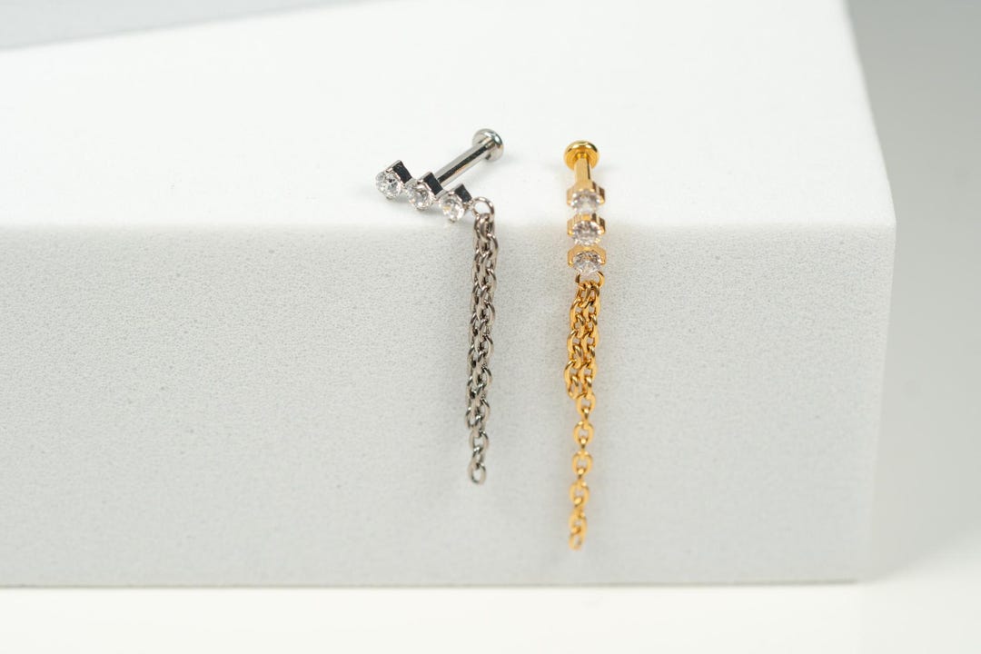 20G, 18G, 16G Gold Silver Triple Stud Dangle Chain, Threadless Flat ...