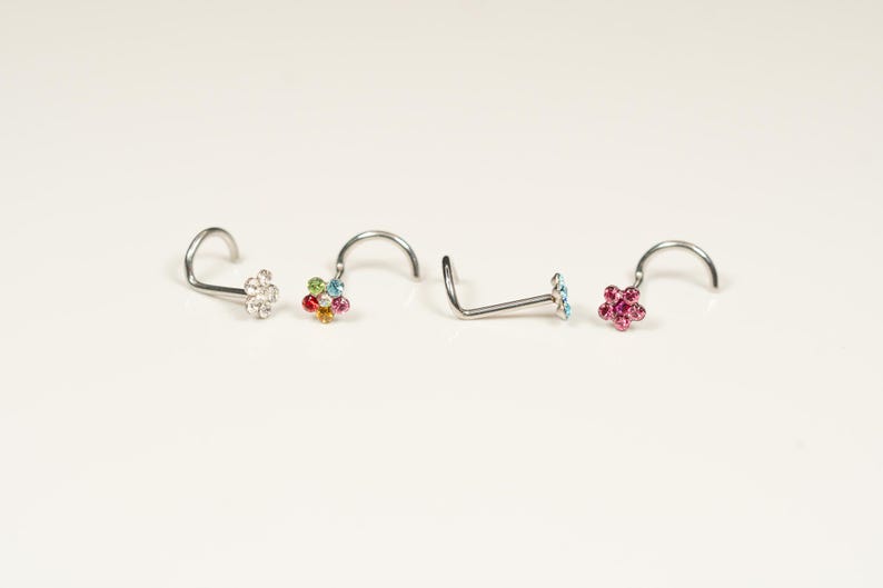 20G, 18G Flower Nose Stud Silver Nose Ring Colorful Flower Top Nose ...