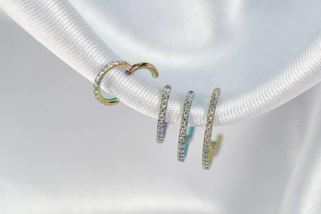 16G Paved Rainbow Septum Ring, Titanium Clicker Hoop, Nose Ring, Daith ...