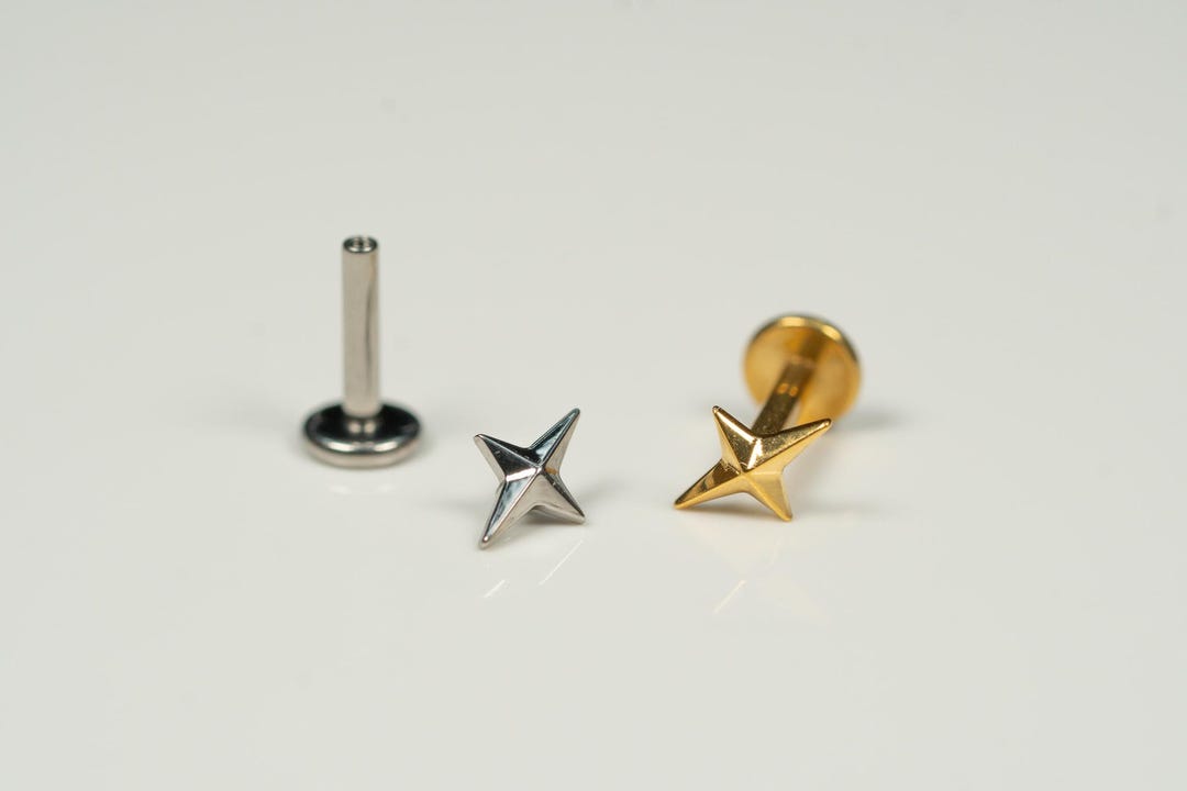 16G Four Point Star Flat Back Stud, Screw Back Earrings, Titanium Stud ...