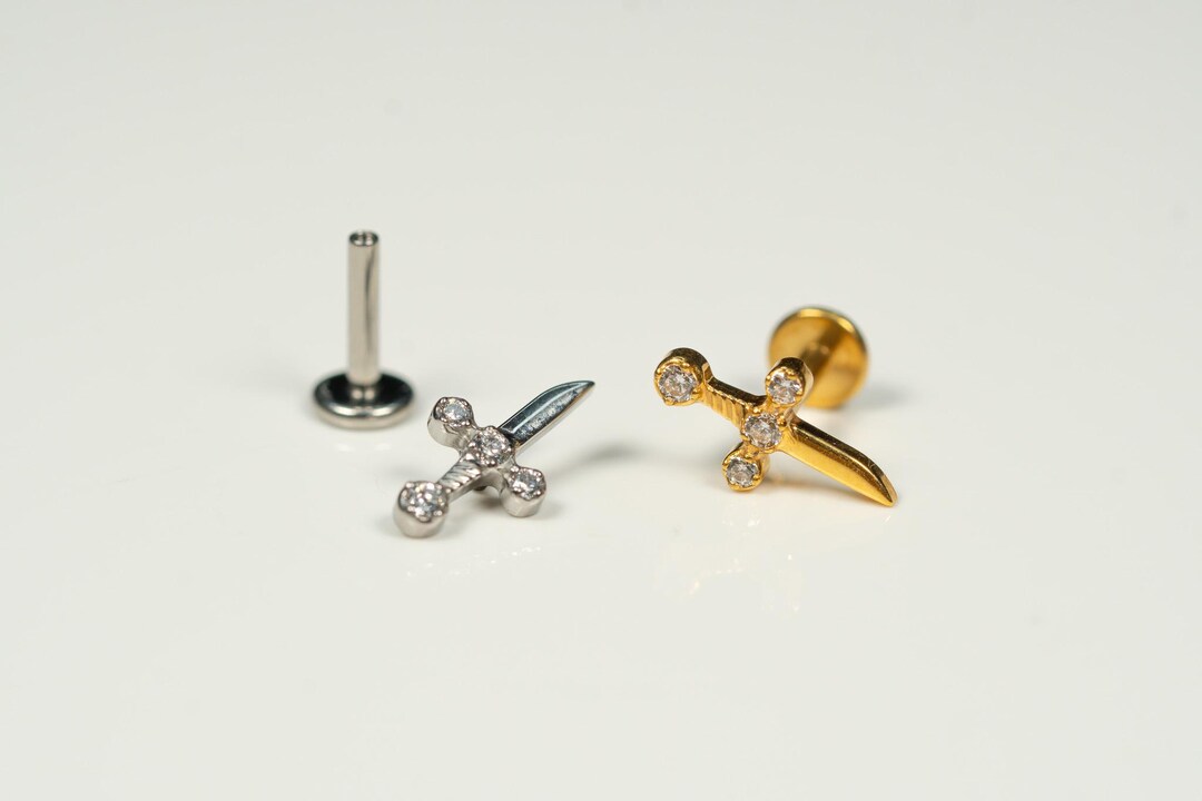 16G Tiny Sword Flat Back Stud, Screw Back Earrings, Internally Threaded ...