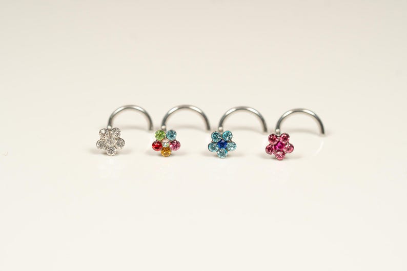 20G, 18G Flower Nose Stud Silver Nose Ring Colorful Flower Top Nose ...