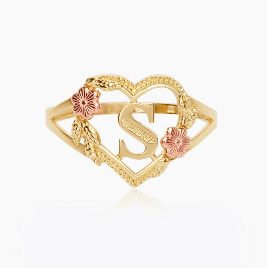 14K Yellow Gold Tri-color Heart Initial Ring - Etsy
