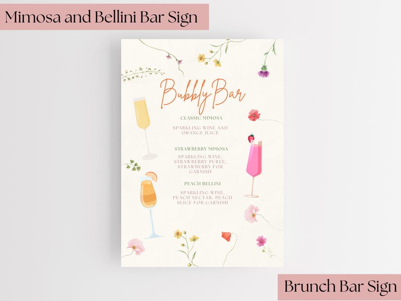 Mimosa Bellini Bar Sign: Printable Cocktail Menu (canva Template) - Etsy