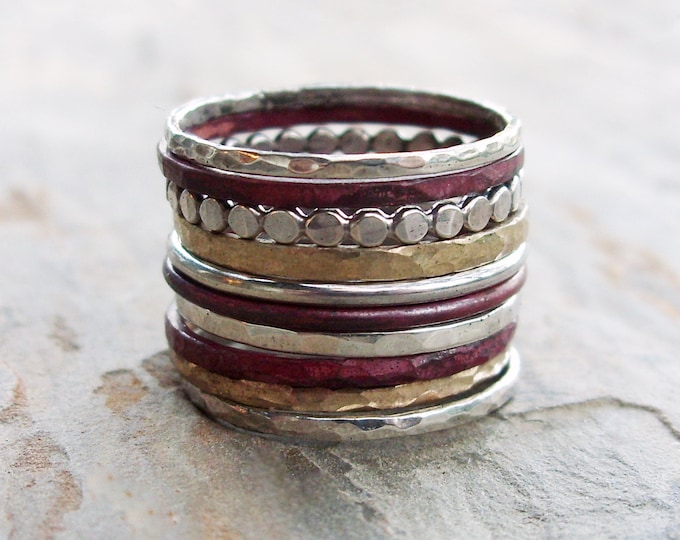 Mixed Metals Stacking Rings Set of Ten in Sterling Silver, Fire Stained ...