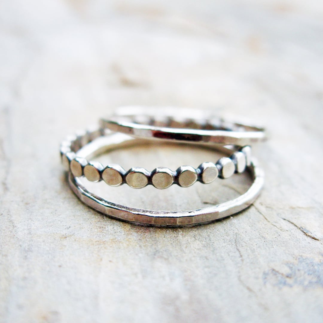 Sterling Silver Stacking Rings Set. Tiny Dots and Hammered Bands. - Etsy