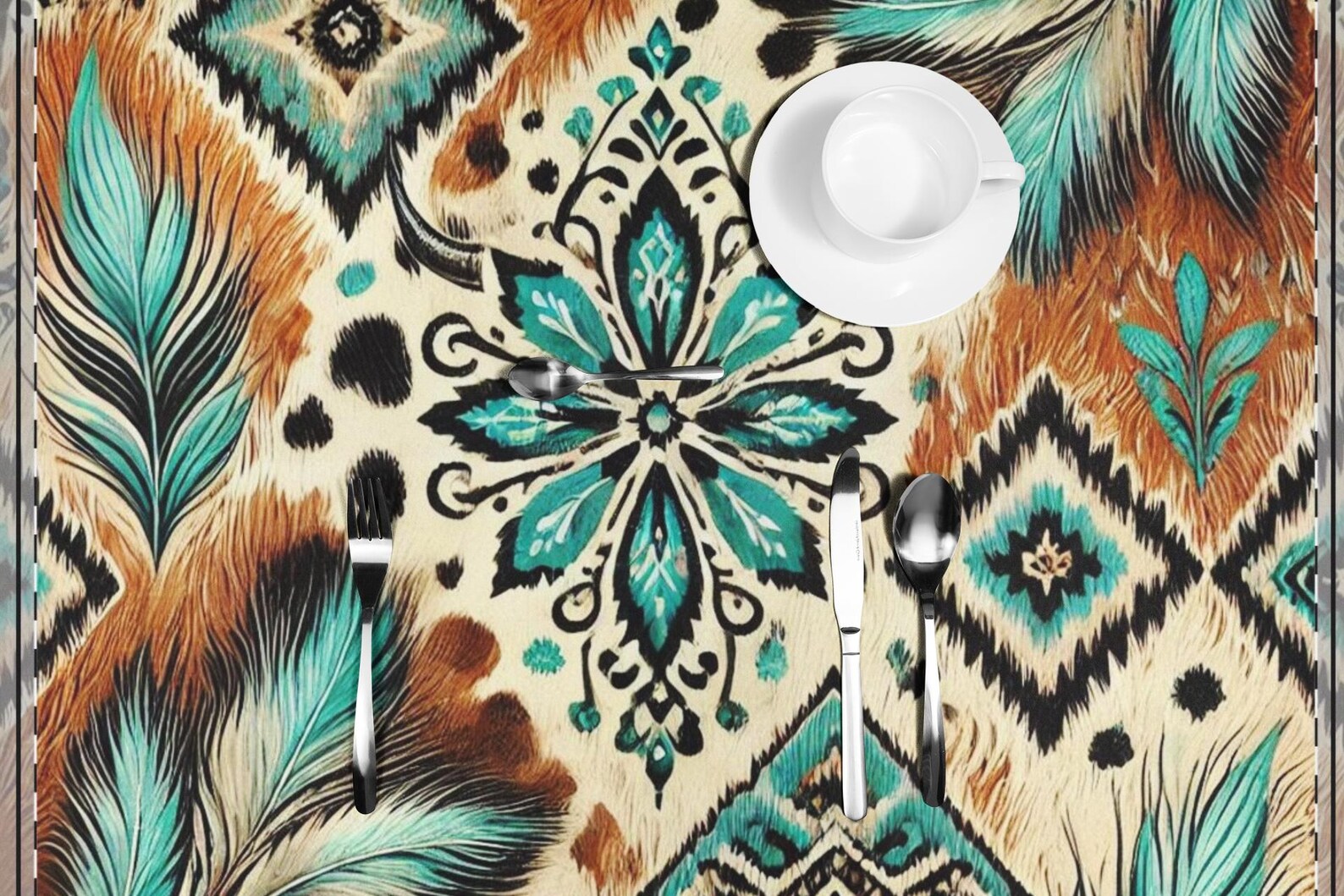 Cowhide Print Tablecloth - Western Style Turquoise Table Cloth, Ranch ...