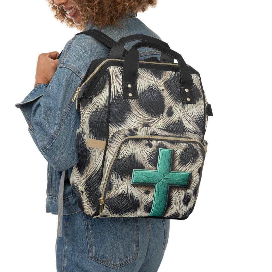 Cowhide Print Diaper Backpack, Teal Cross Baby Bag, Western Style Nappy ...