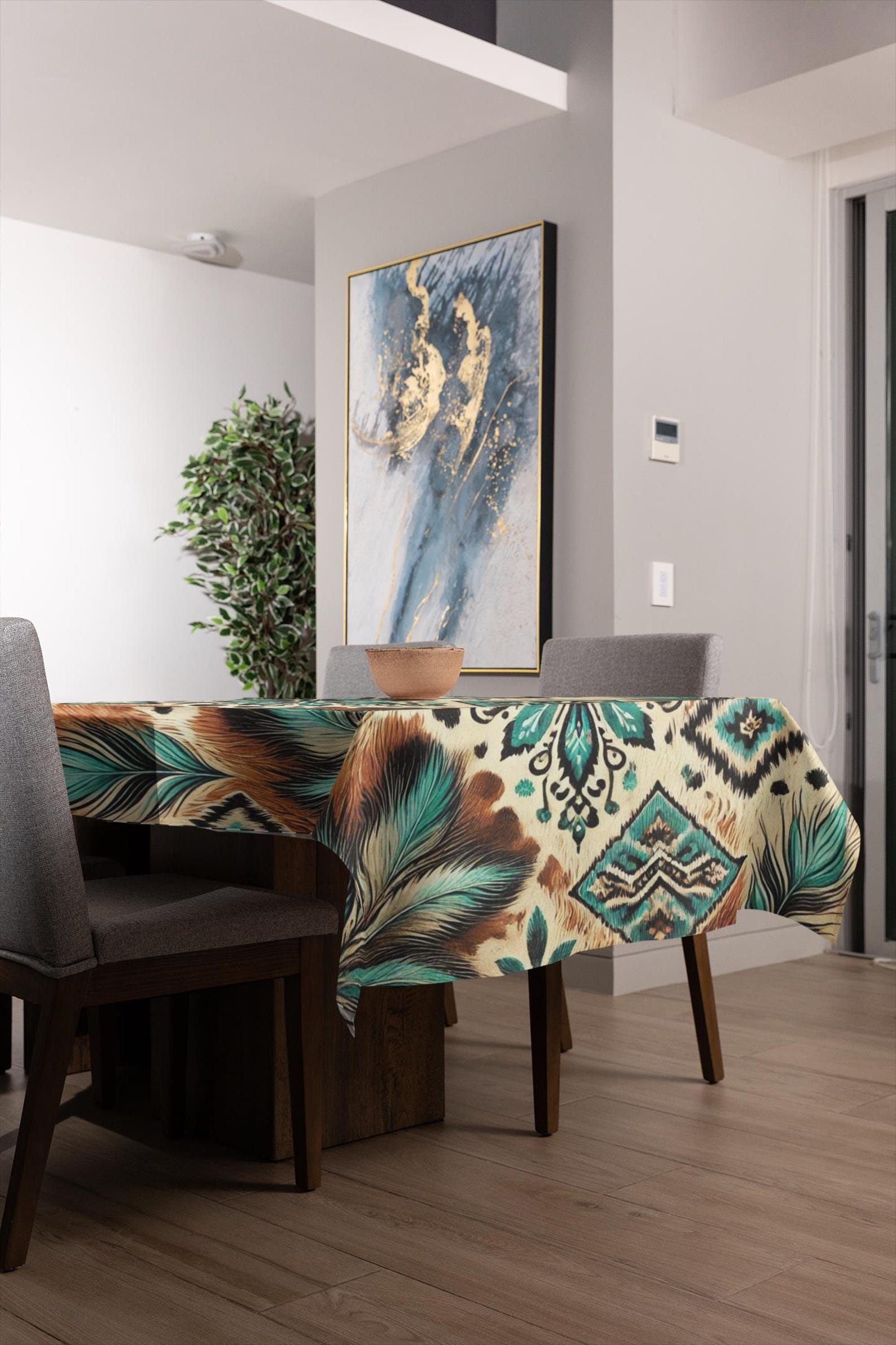 Cowhide Print Tablecloth - Western Style Turquoise Table Cloth, Ranch ...