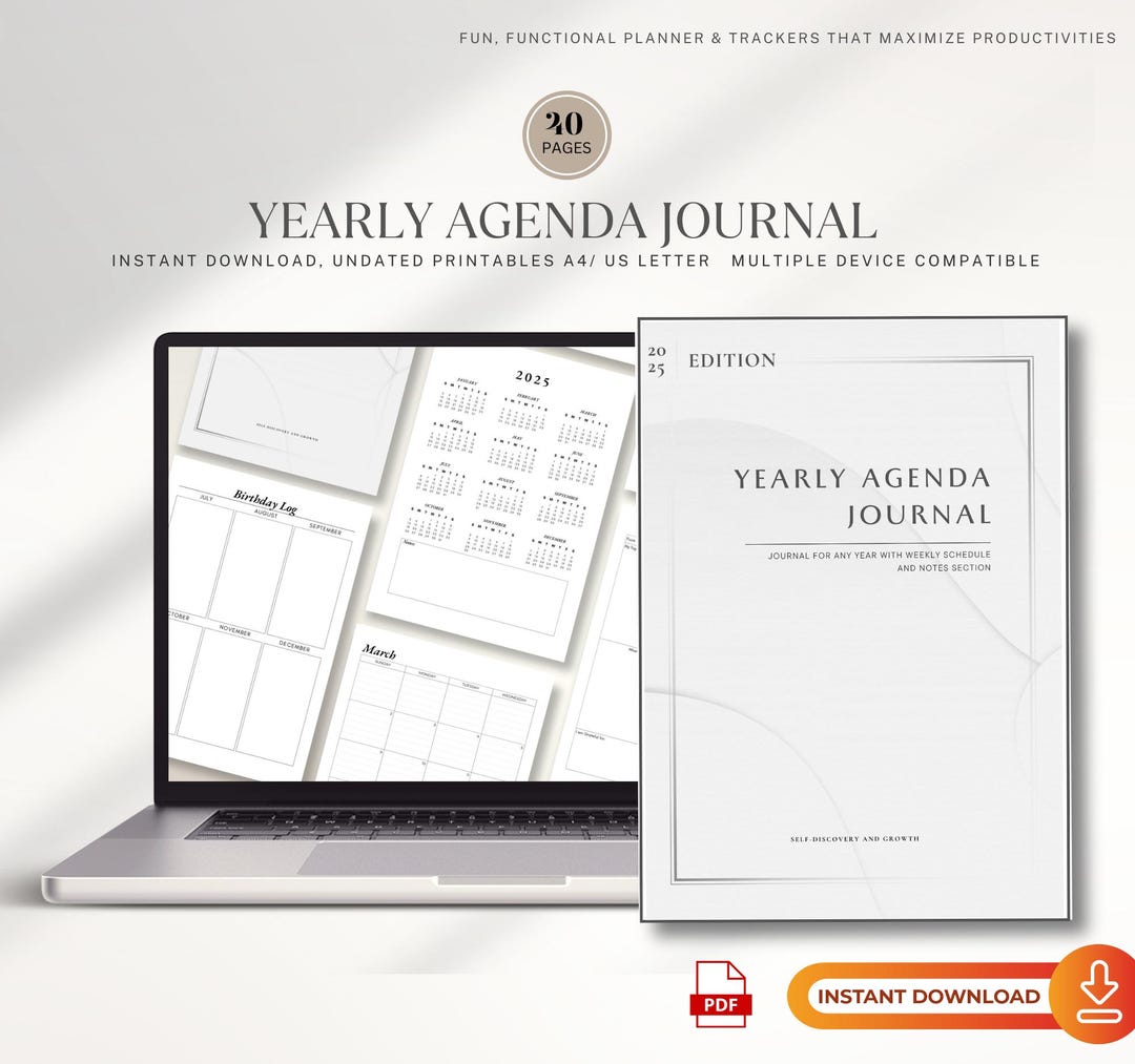 Yearly Planner Printable, Year at a Glance, Yearly Agenda, 12 Month ...