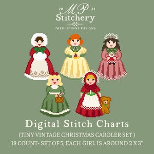 Tiny Vintage Christmas Caroler Ornament Set | Digital Stitch Chart Needlepoint Canvas, Cross ...
