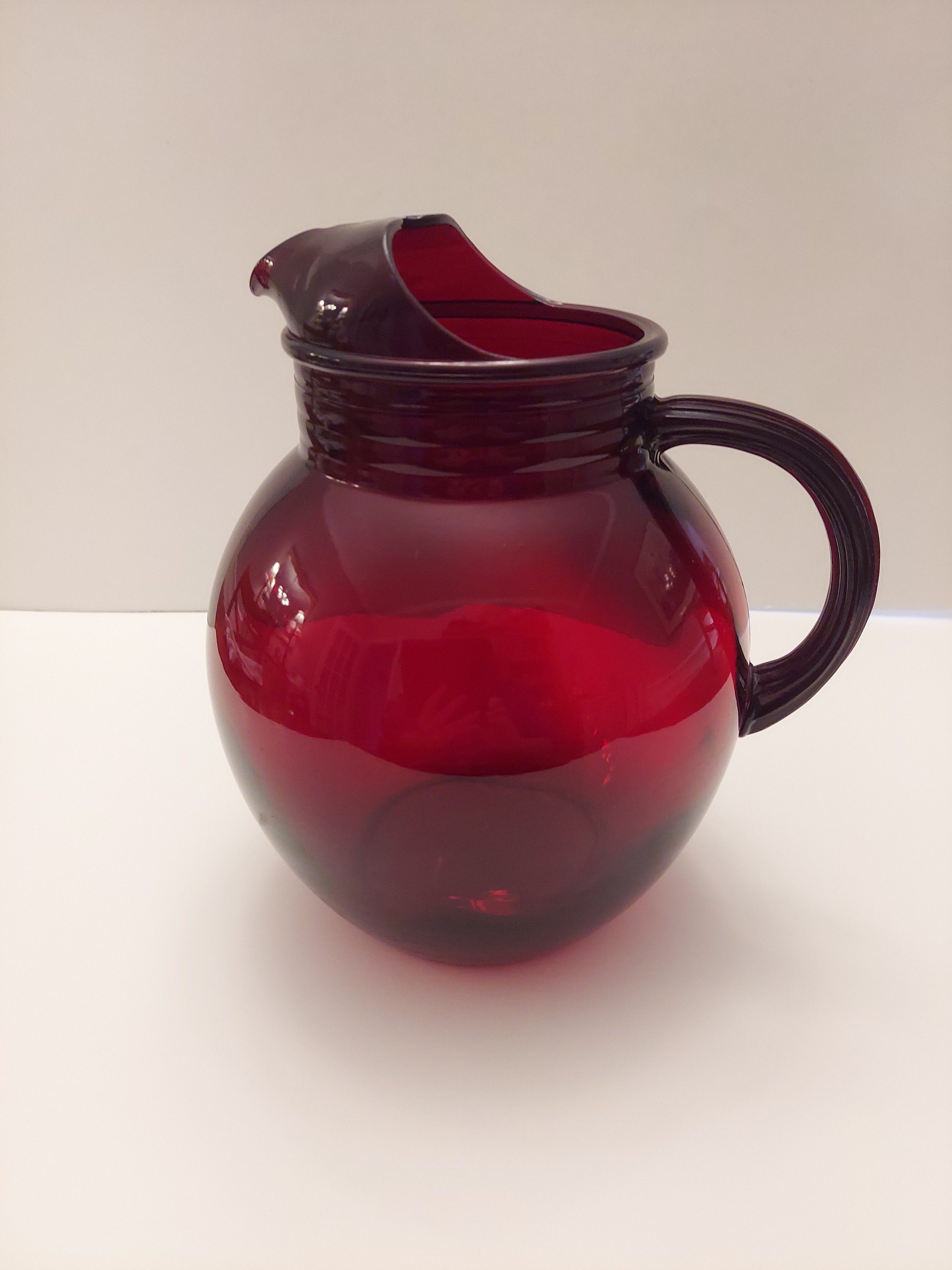Vintage Ruby Red Glass Anchor Hocking Large Ball Pitcher Ice Lip 96 ...