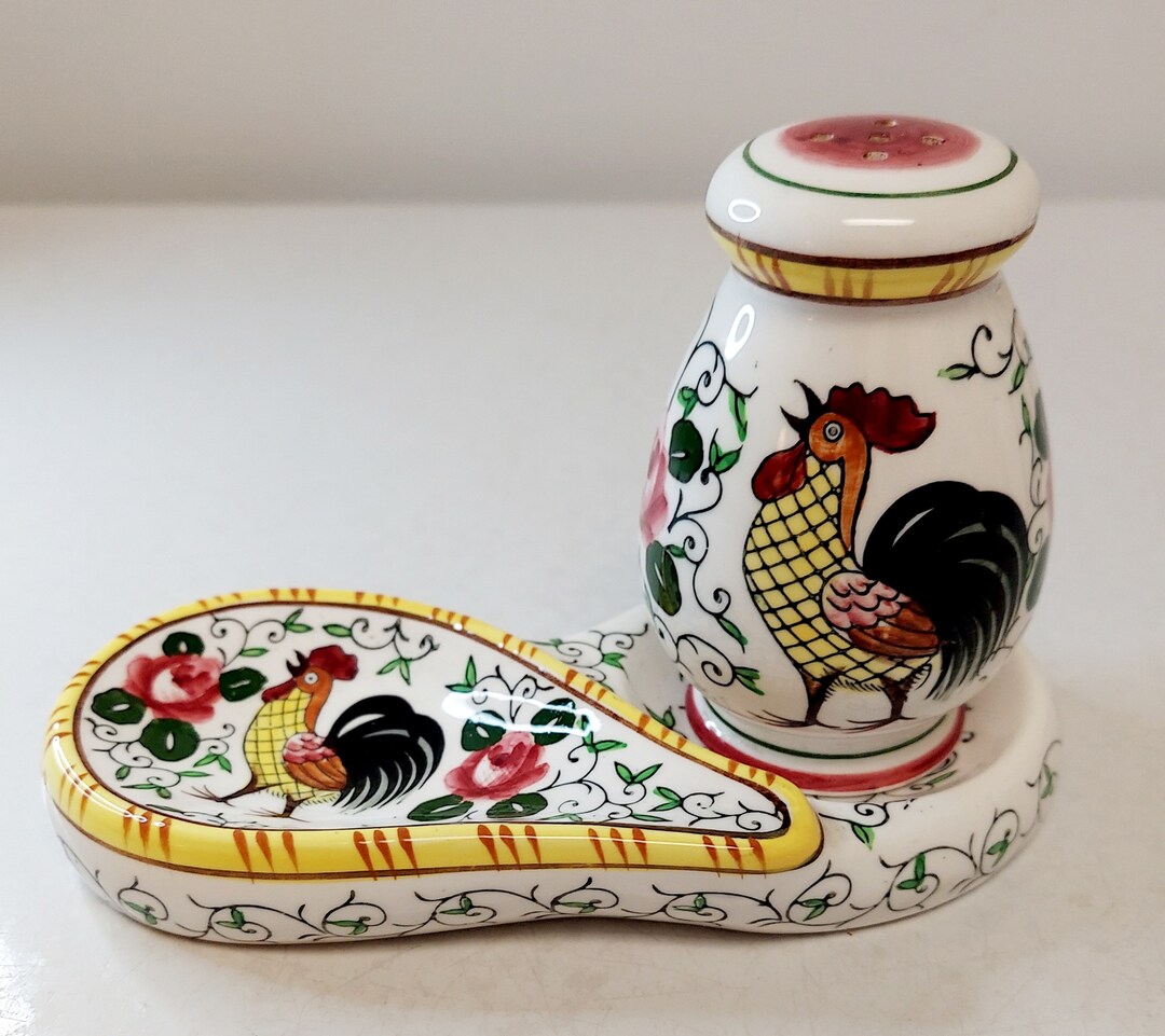 Vintage Rooster and Roses Enesco PY Spoon Rest and Cheese Shaker Japan ...