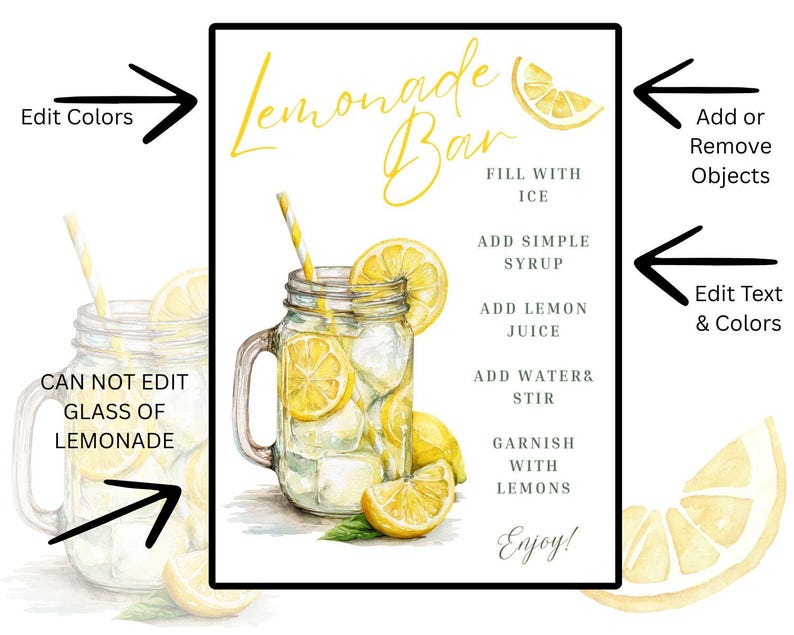 Lemonade Bar Sign: Mocktail Menu, Bridal Shower Decor (canva Template ...