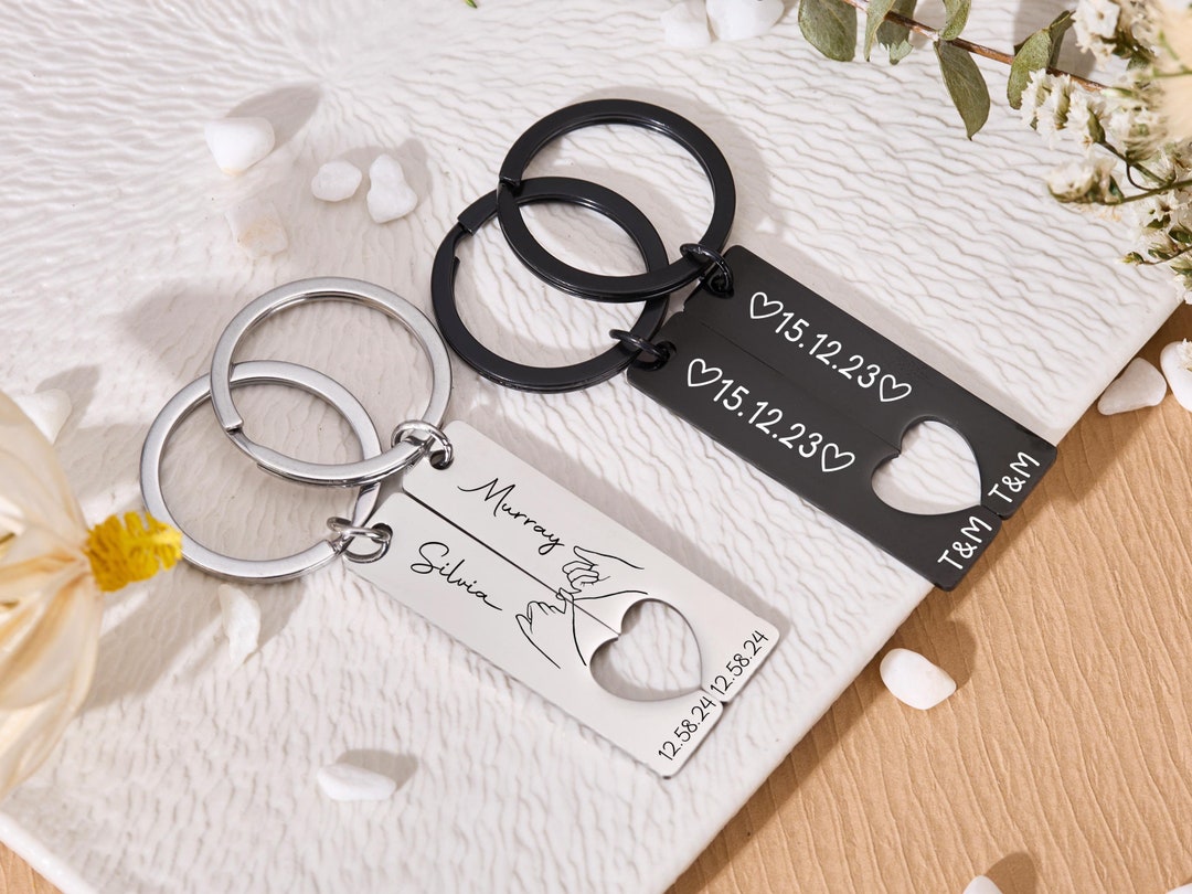Personalized Heart Keychain Set,custom Engraved Couple Keychain Set ...