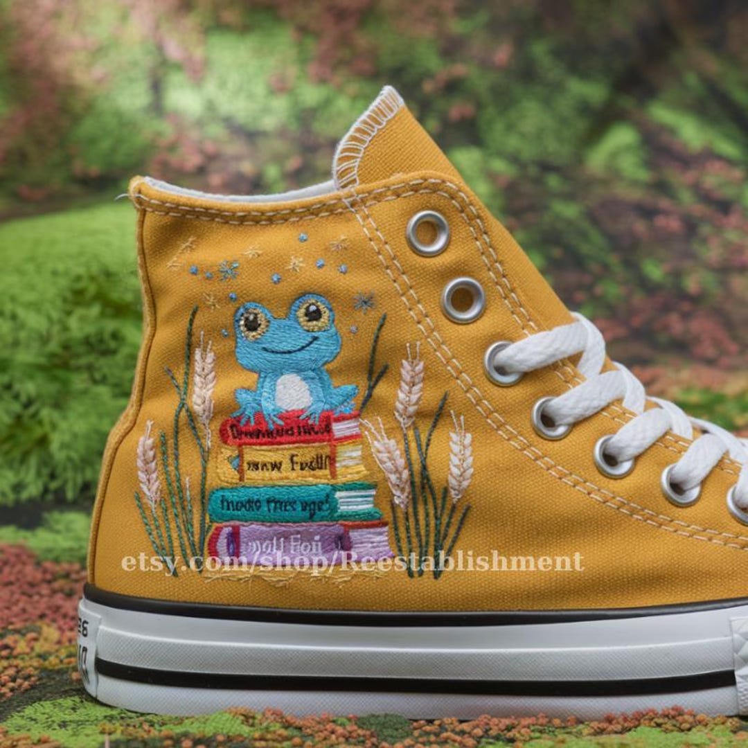 Frog Flower Books Embroidery Yellow Converse Custom Embroidered High ...