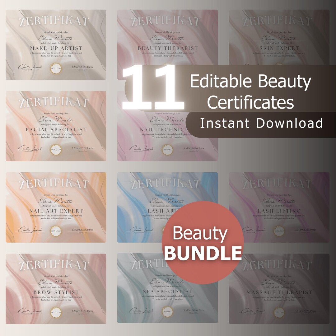 Cosmetic Certificate Template Bundle - 11 Editable Beauty Certificates ...