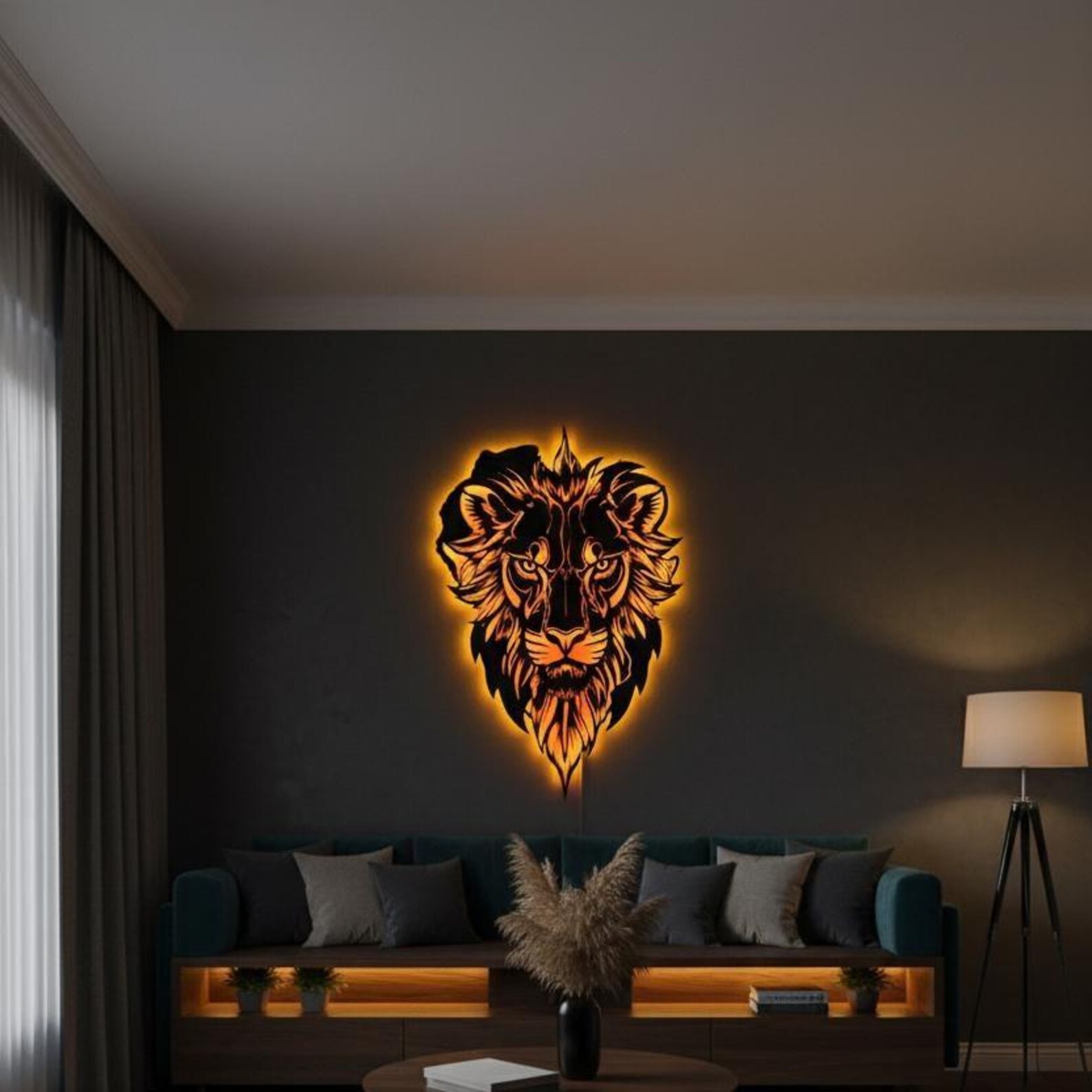 Amber Backlit Lion Head: Black Steel LED Wall Art - Etsy