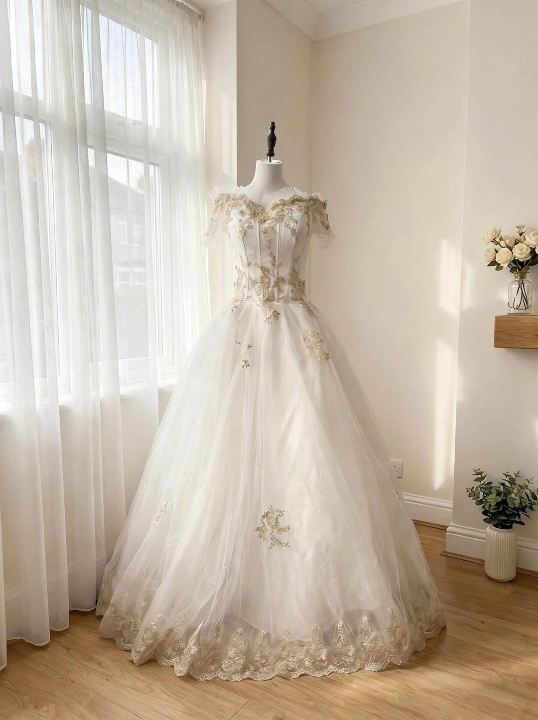 Off-shoulder Gold Lace Ball Gown Wedding Dress, Romantic Fairytale ...