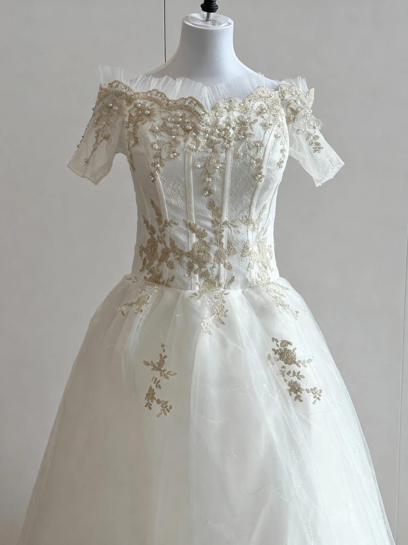 Off-shoulder Gold Lace Ball Gown Wedding Dress, Romantic Fairytale ...