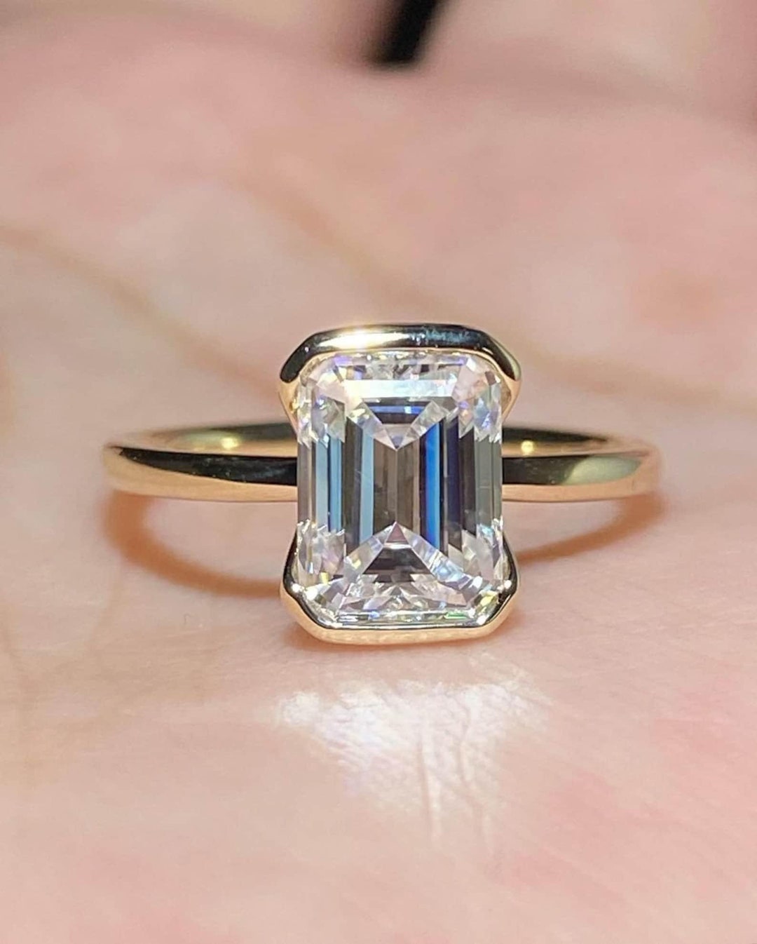 Half Bezel Set 2.5 Ct Emerald Cut Lab Grown Half Bezel Set Solitaire ...