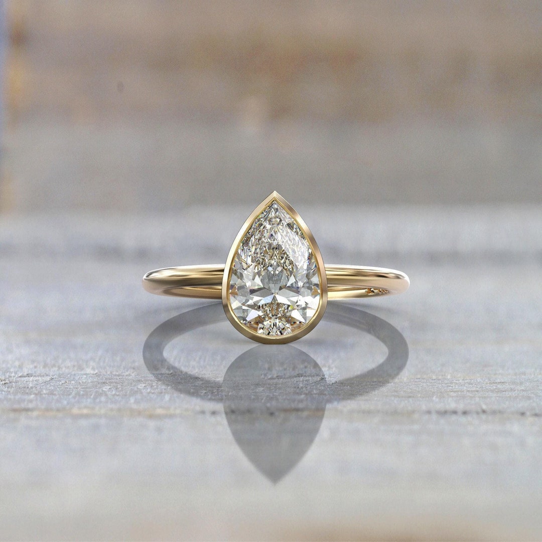 2.0 Ct Pear Cut Engagement Ring, Bezel Pear Shaped Ring, 14K Solid Gold ...