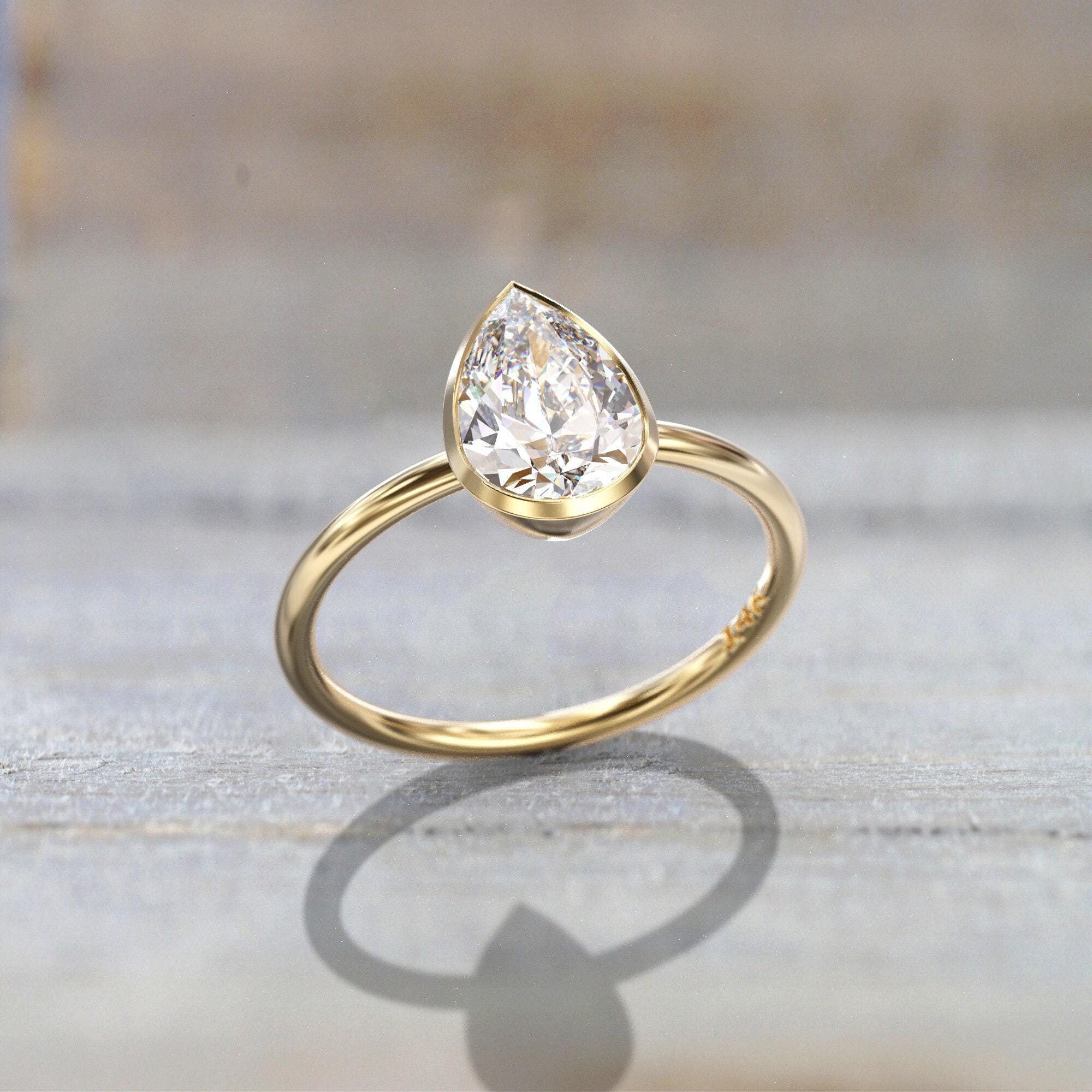 2.0 Ct Pear Cut Lab Grown Engagement Ring, Full Bezel Set Wedding Ring ...