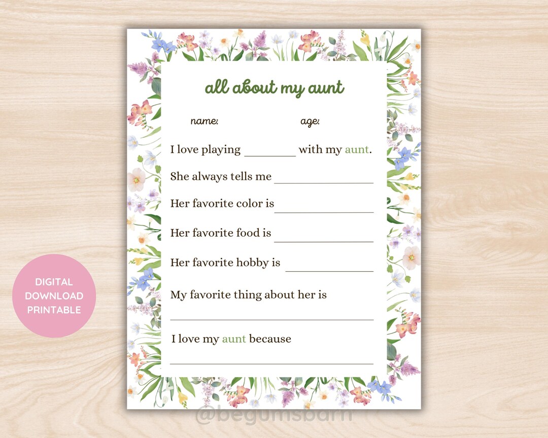 All About Aunt Printable, Mothers Day Printable, Mothers Day Activity ...